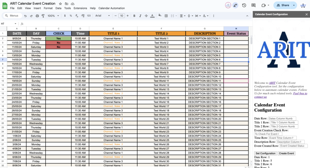 Calendar Event Creation Through Google Excel Sheet - Template - Tech ARIT